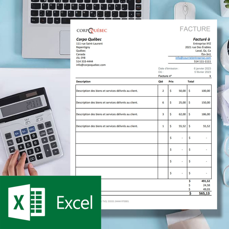 Modèle Excel de facturation pour biens et services - Corpo Québec